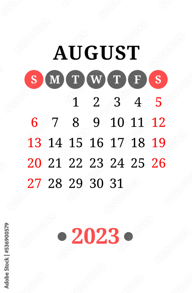 August calendar design 2023 year. English vector wall or pocket ...