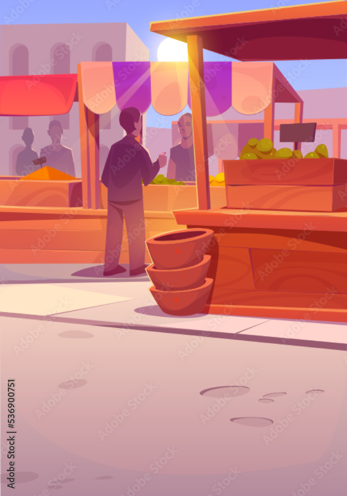 Oriental market with people buying products at outdoor stalls. Vendors ...