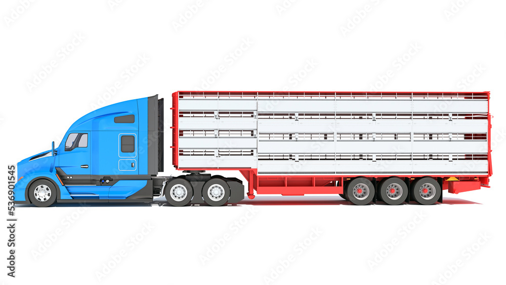 Truck with Cattle Animal Transporter Trailer 3D rendering on white ...