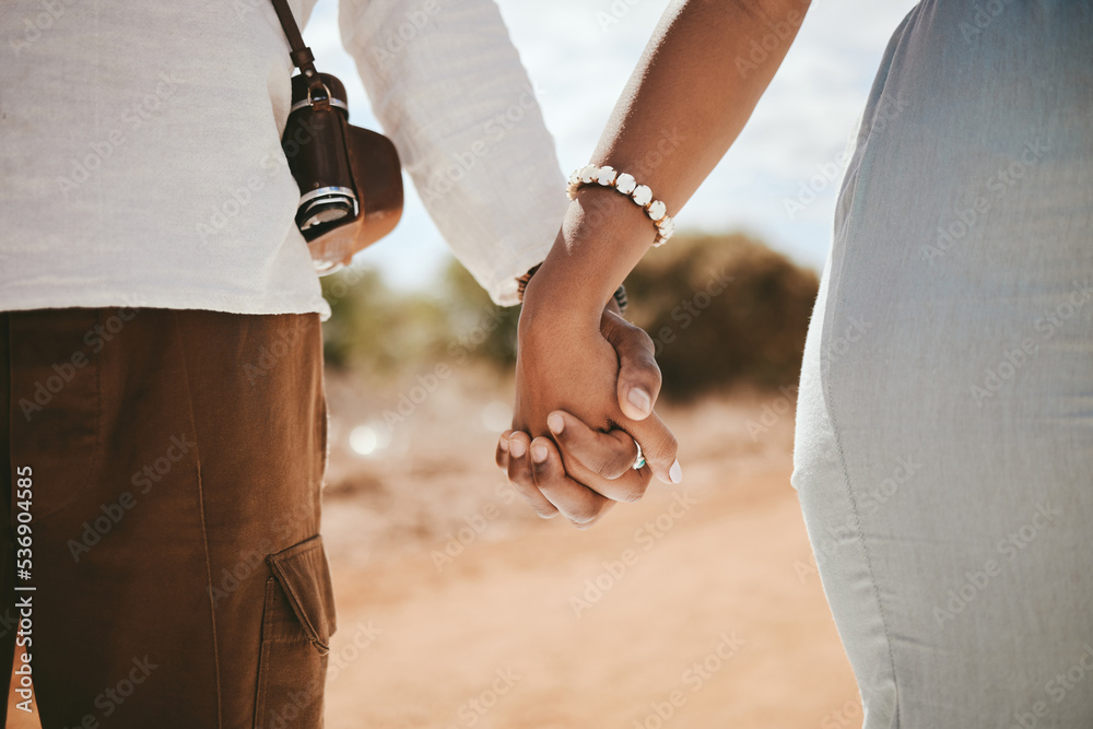 Hand holding, couple and black people travel together on a road trip ...