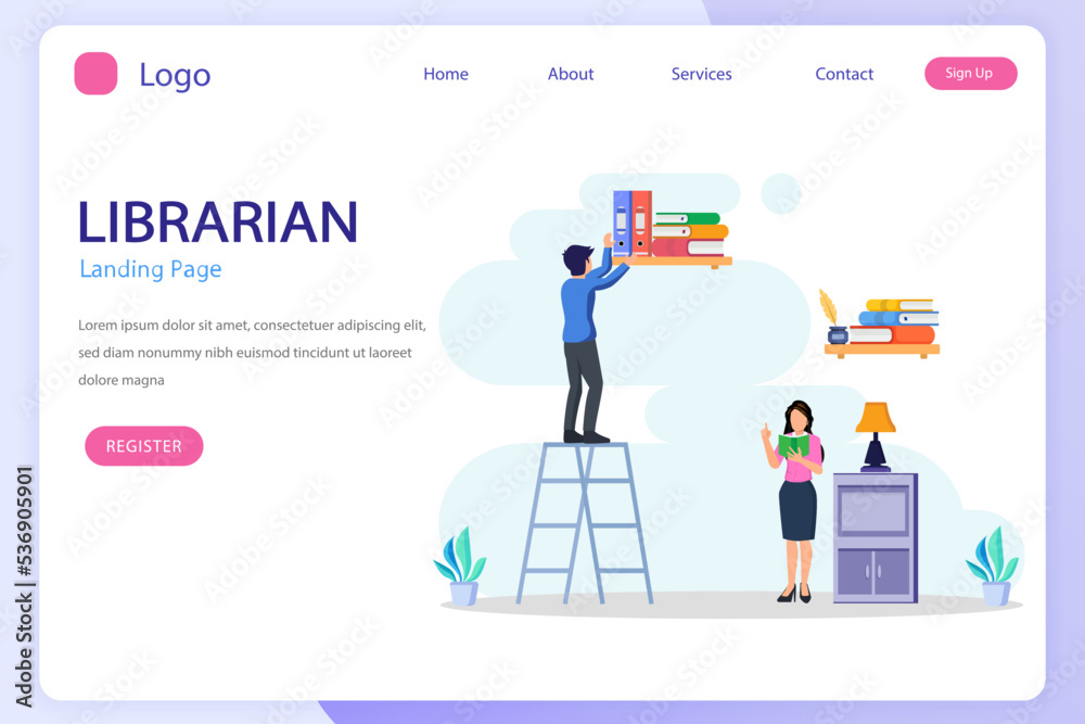 Librarian concept vector illustration. Llibrary reading room guid ...