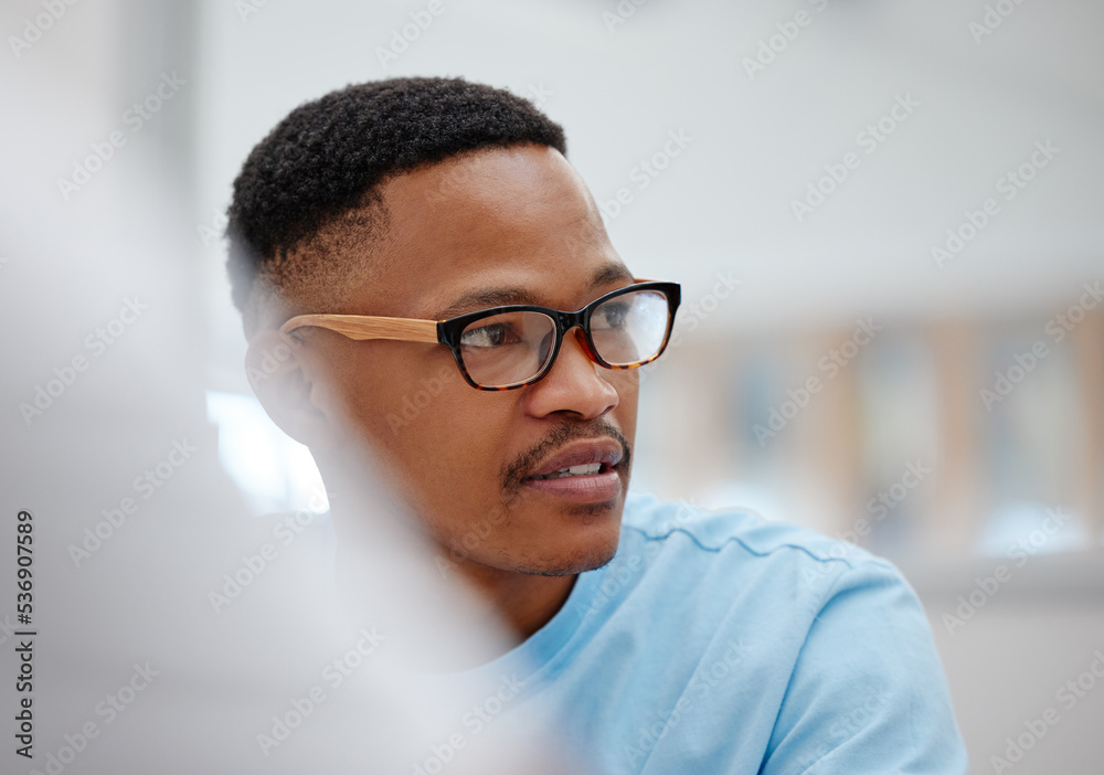 Education, university or thinking black man in classroom, learning ...