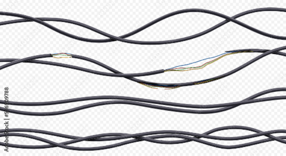 Electric wires, power cables in black plastic tubes. Curved 3d flexible ...