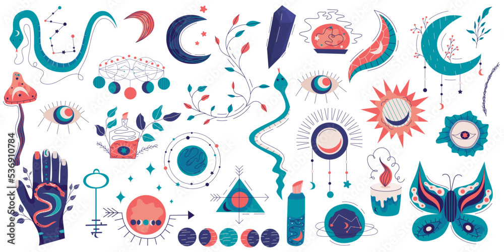 Celestial magic set in flat style on white background. Boho tattoo with ...
