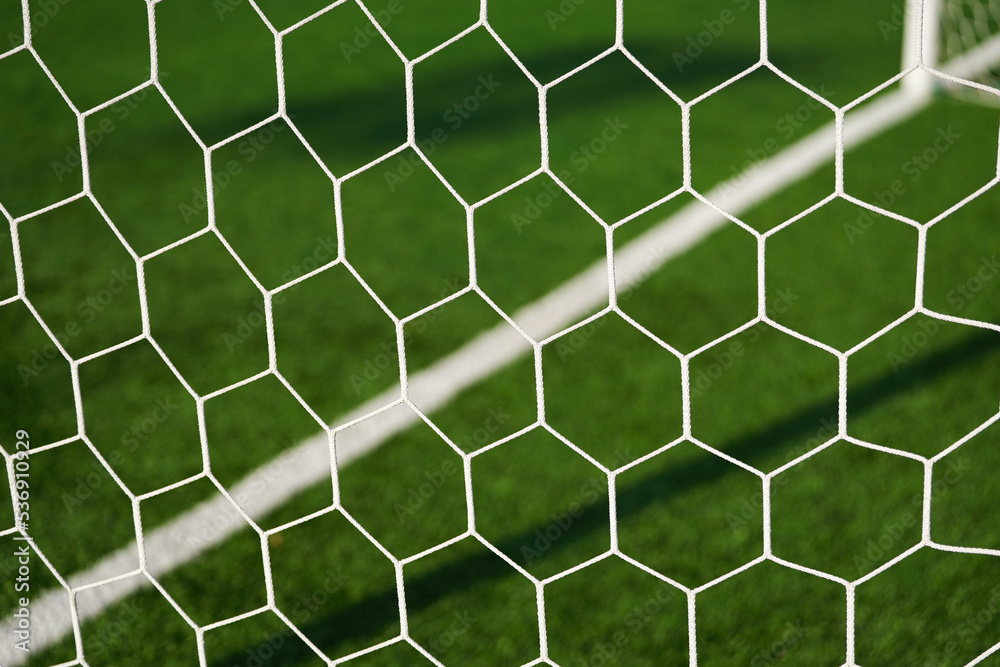 Foto de Football soccer pitch line seen through the net of a goalpost ...