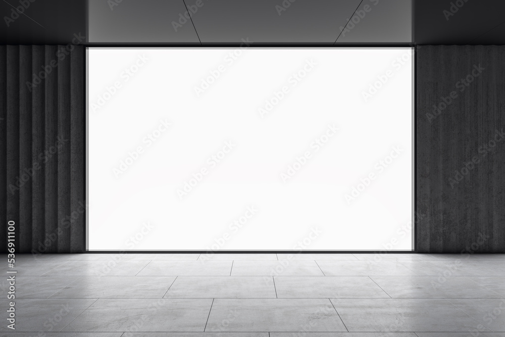 Front view on big blank white illuminated screen with place for your ...
