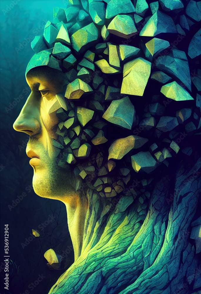 Handsome ethereal man with closed eyes, growing unreal forest on his ...