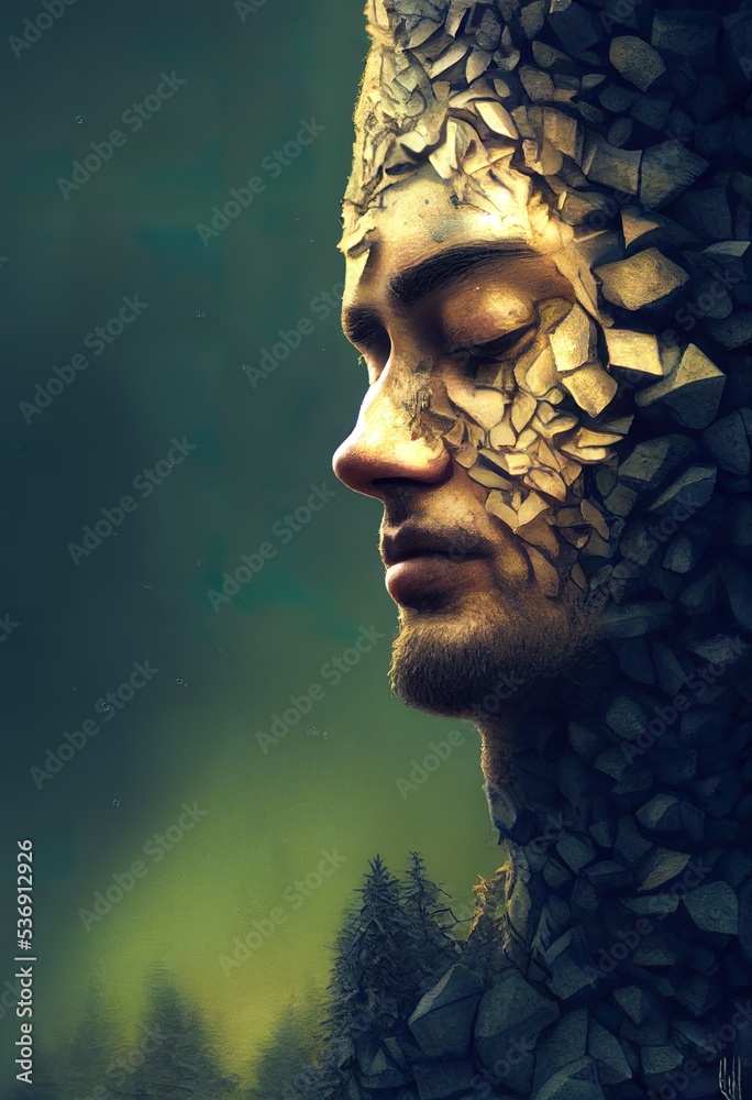 Handsome ethereal man with closed eyes, growing unreal forest on his ...