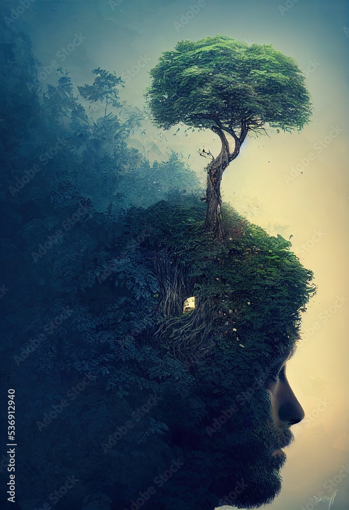 Handsome ethereal man with closed eyes, growing unreal forest on his ...