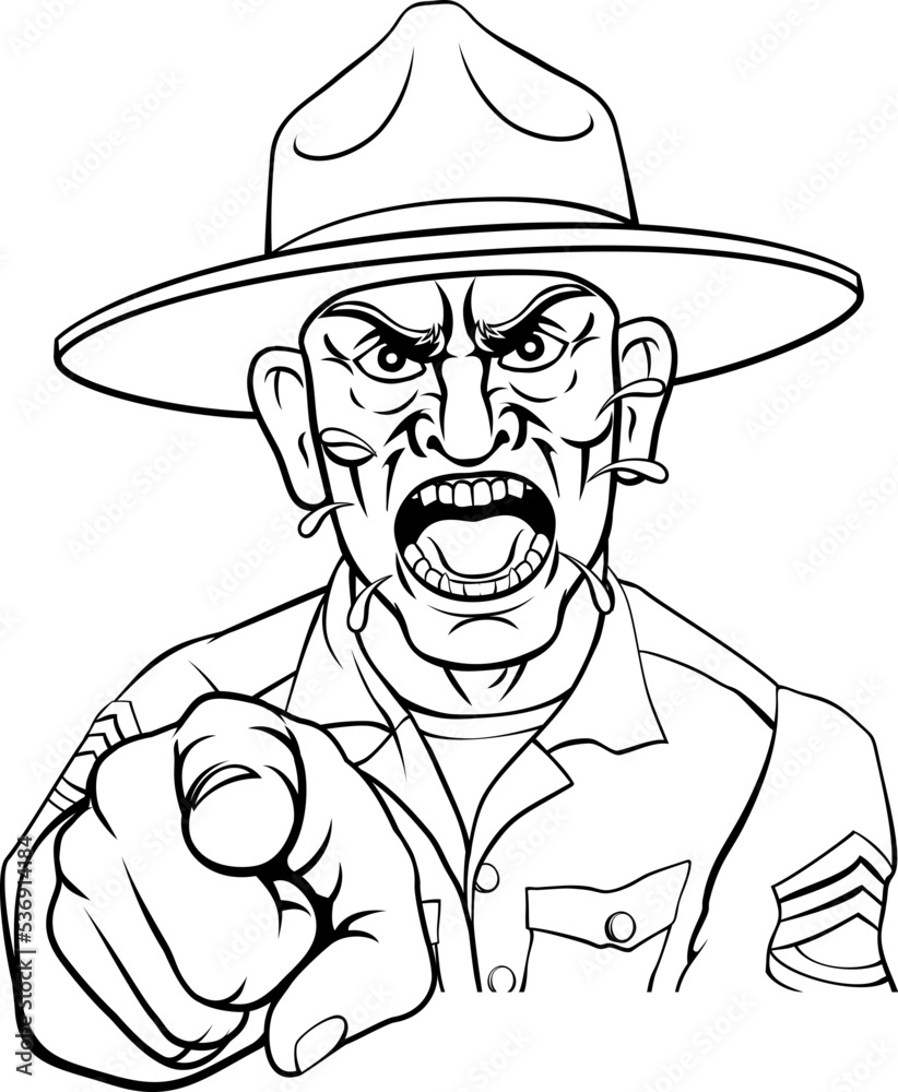 An angry army bootcamp drill sergeant soldier pointing at the viewer ...