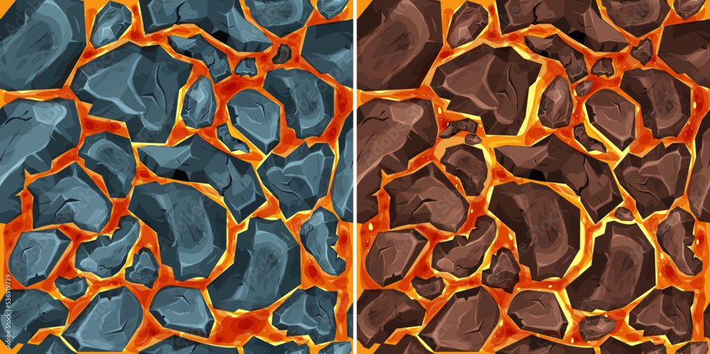 Lava, magma with stones in cartoon style seamless pattern background. Eruption effect, landscape ...