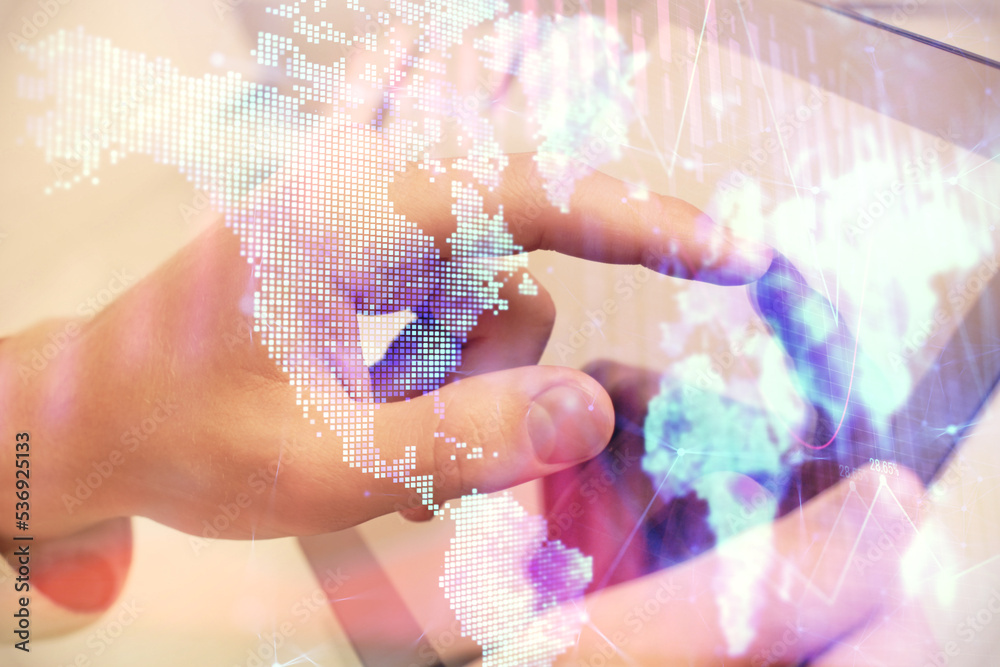 Multi exposure of man's hands holding and using a phone and financial ...