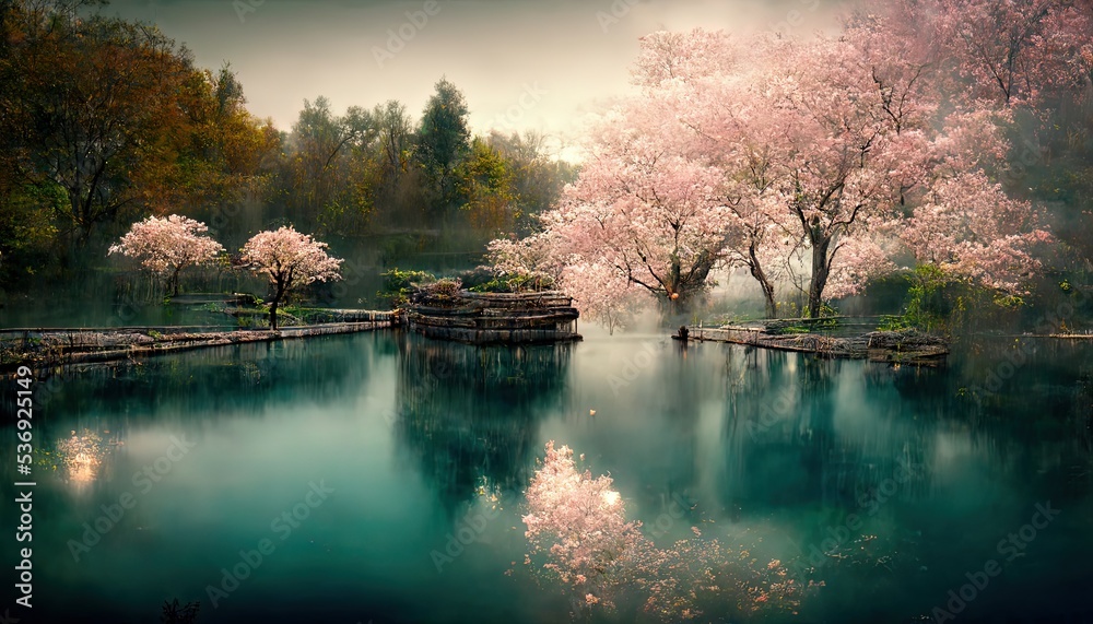 Japonese garden with cherry blossom, sakura, with water lake and ...