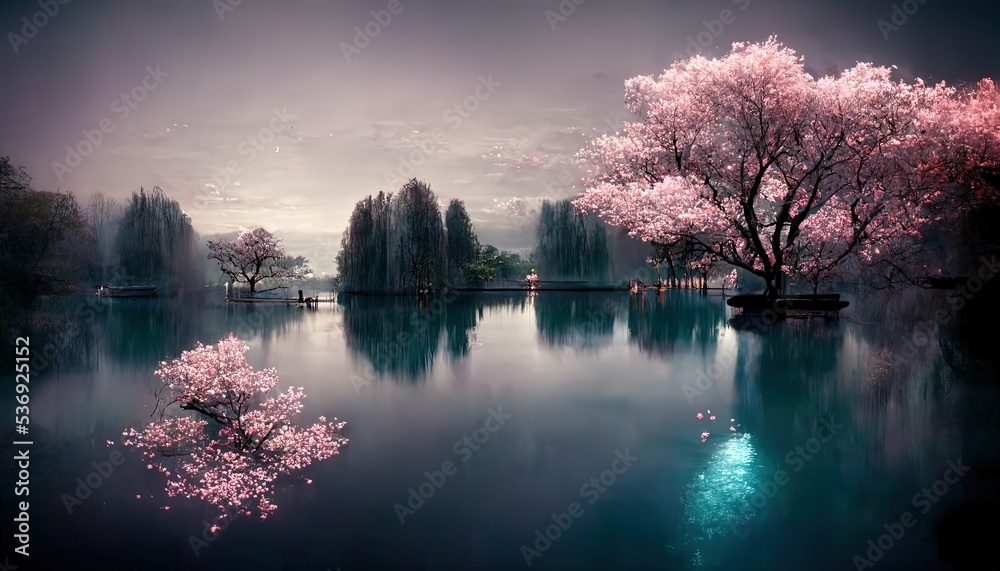 Japonese garden with cherry blossom, sakura, with water lake and ...