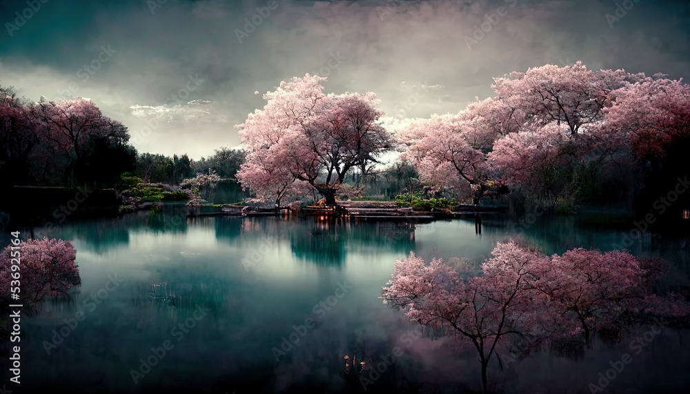Japonese garden with cherry blossom, sakura, with water lake and ...
