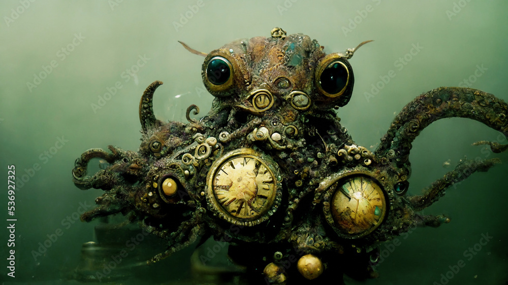 sci-fi fantasy illustration: mechanical octopus floating underwater in ...