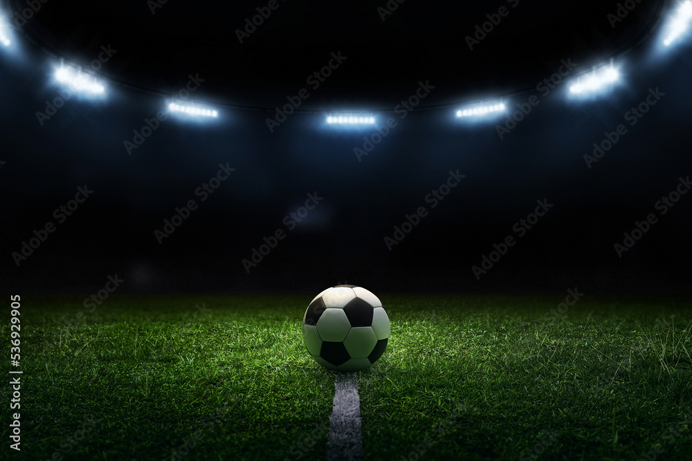3D render soccer ball on black background. Soccer ball and bright ...