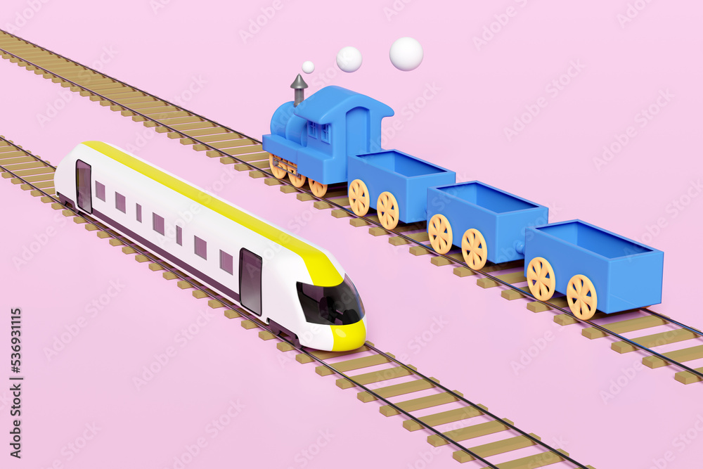 3d locomotive, bullet train with railroad tracks, steam train transport ...