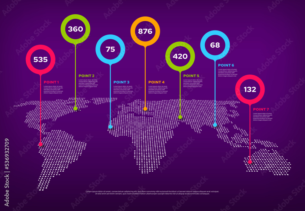 World map infographic with pointers. Country landmark marker, travel ...