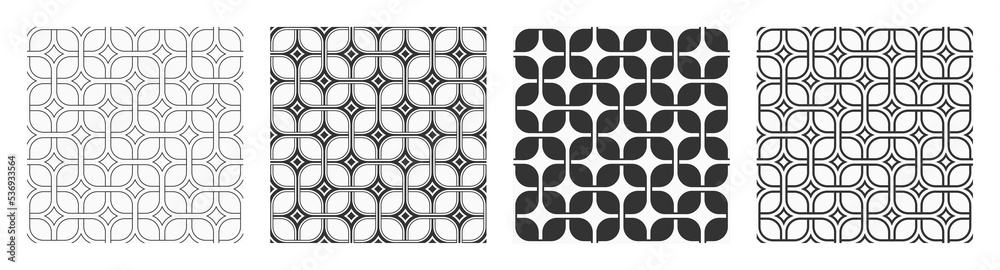 Set of four seamless lattice vector patterns. Weaving textures. Geometric lattices, grid outline ...