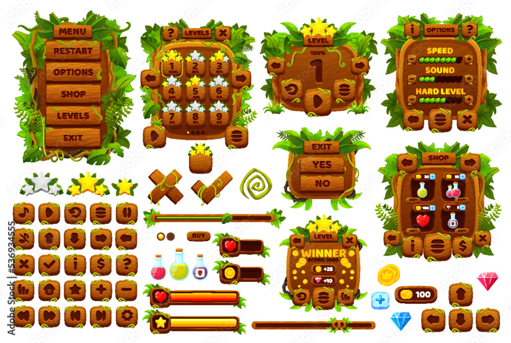 Jungle game interface. Ui game buttons, gui elements with vector palm ... Jungle game interface. Ui game buttons, gui elements with vector palm ...