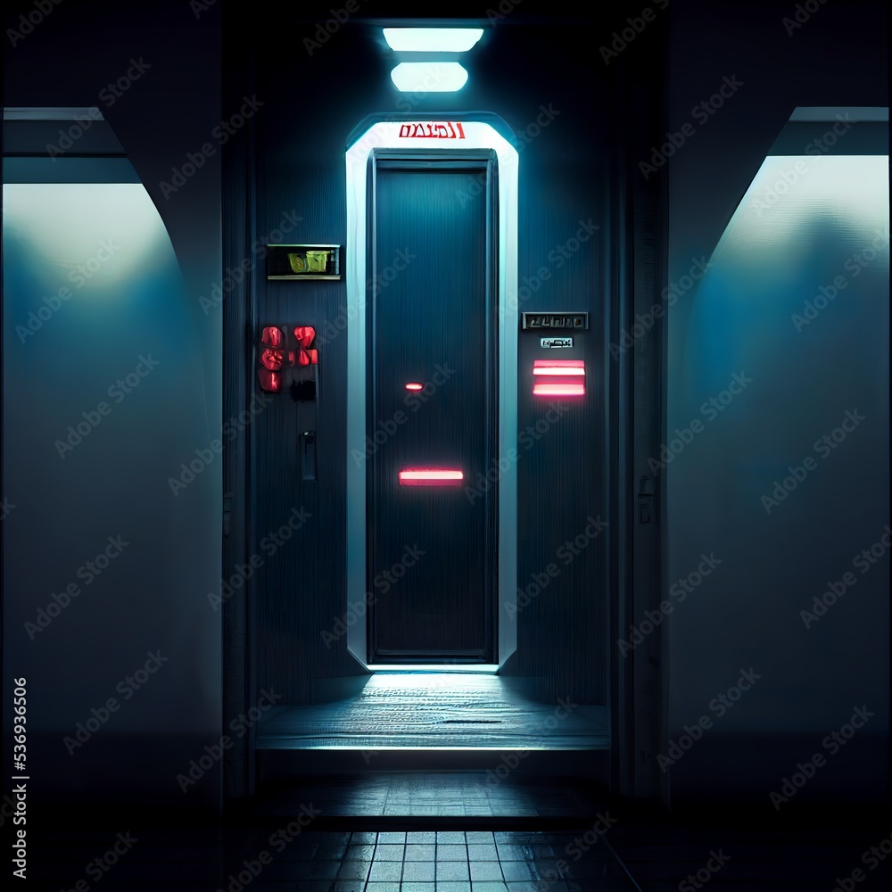 Metallic Sci-fi door with wall panels interior design illustration ...