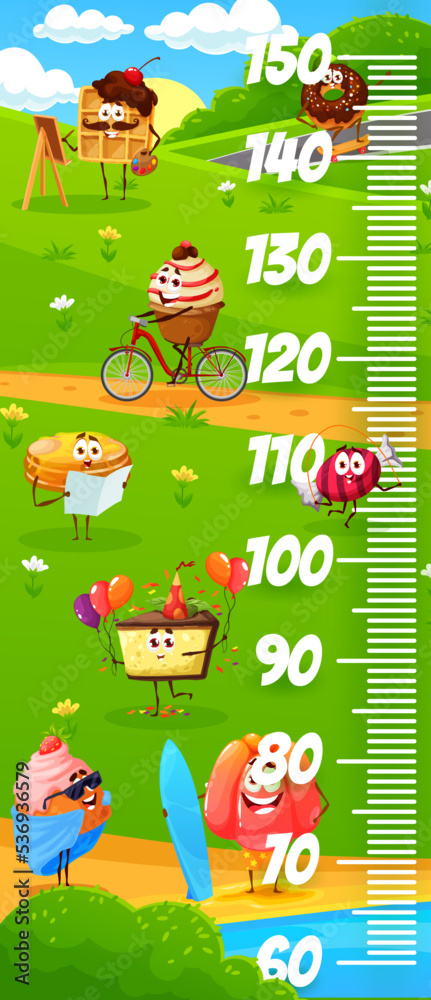 Kids height chart. Cartoon desserts, sweets, cookie and cake characters ...