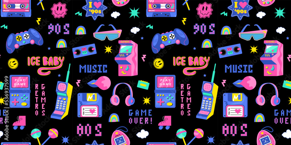 Seamless pattern of the 90s, 80s. Retro games, cassette, arkanoid ...