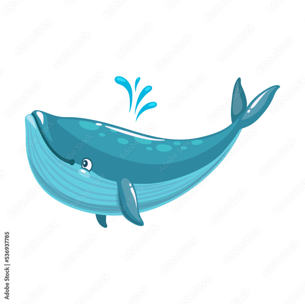 Cartoon funny blue whale character with water splash, vector cute sea ...