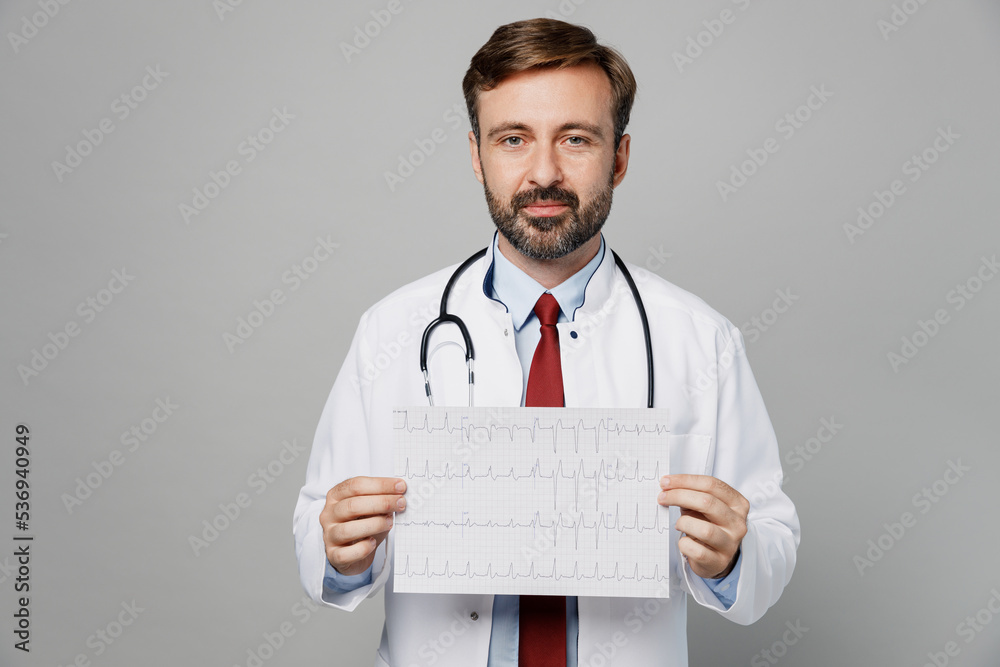 Male doctor man wears white medical gown suit work in hospital hold ...