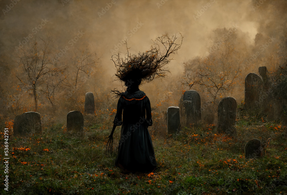 The spirit of an old witch in an abandoned cemetery. Realistic digital illustration. Fantastic ...