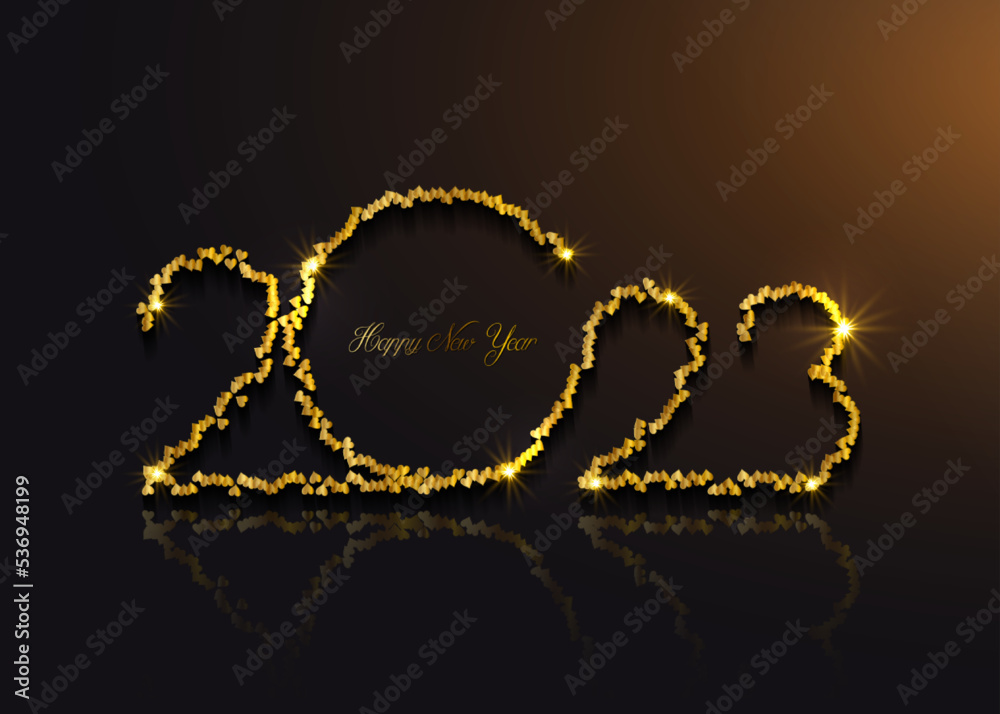 2023 New Year gold logo design. Holiday greeting card, hearts shape ...