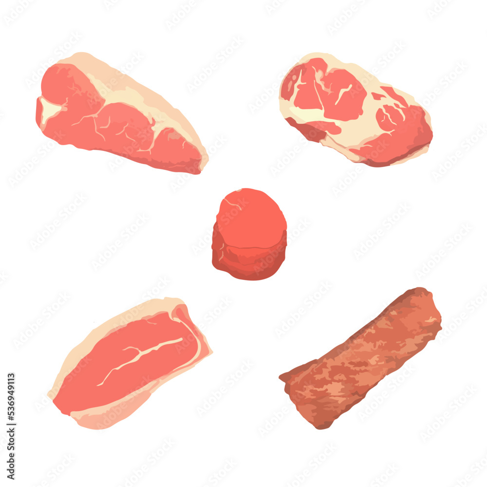 Set different cuts of meats watercolor vector illustration isolated on ...