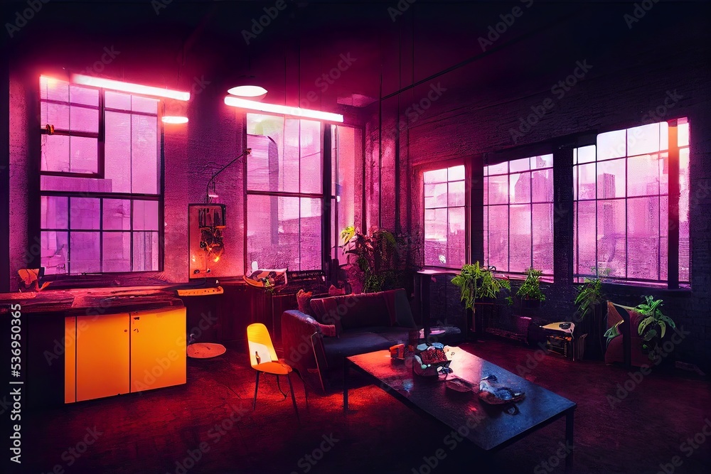 Synthwave and cyberpunk industrial loft interior illustration Stock ...