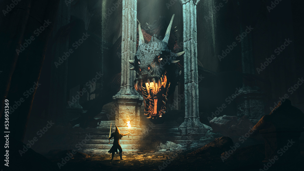 Fearless brave knight holding a flame and sword in front of a giant ...