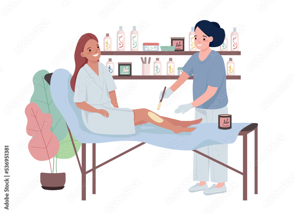 Waxing procedure 2D vector isolated illustration. Beauty salon client ...