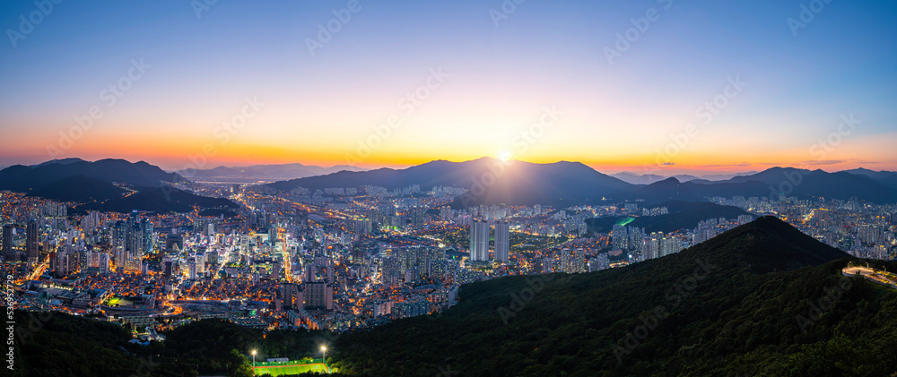 Busan City Panorama and Downtown skyline in Busan. and the sunset sky ...