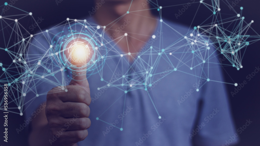 Men Fingerprint scanning and biometric authentication, processing of biometric for access ...