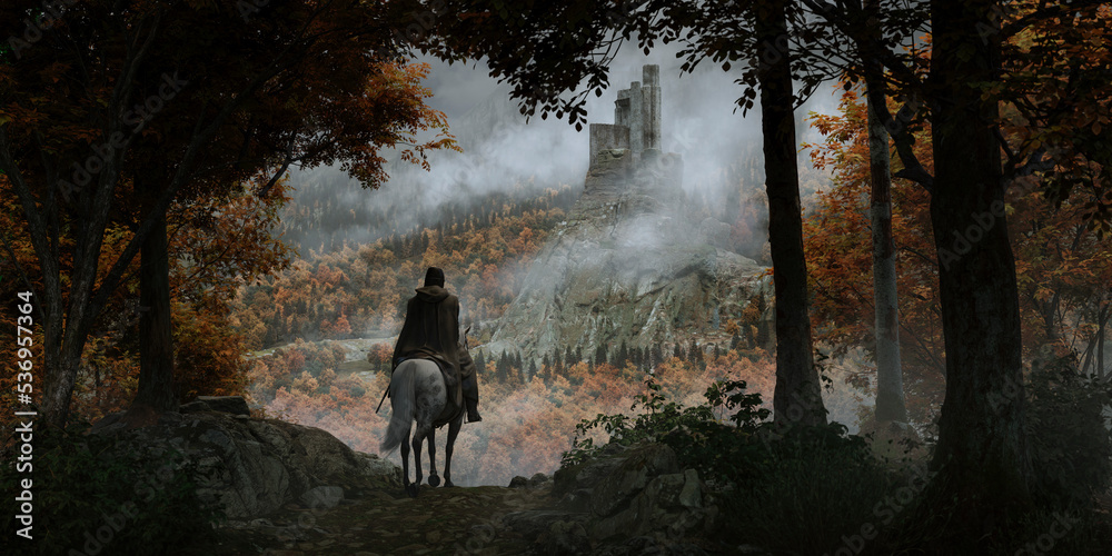knight riding a horse on a path through autumn trees and an old castle ...