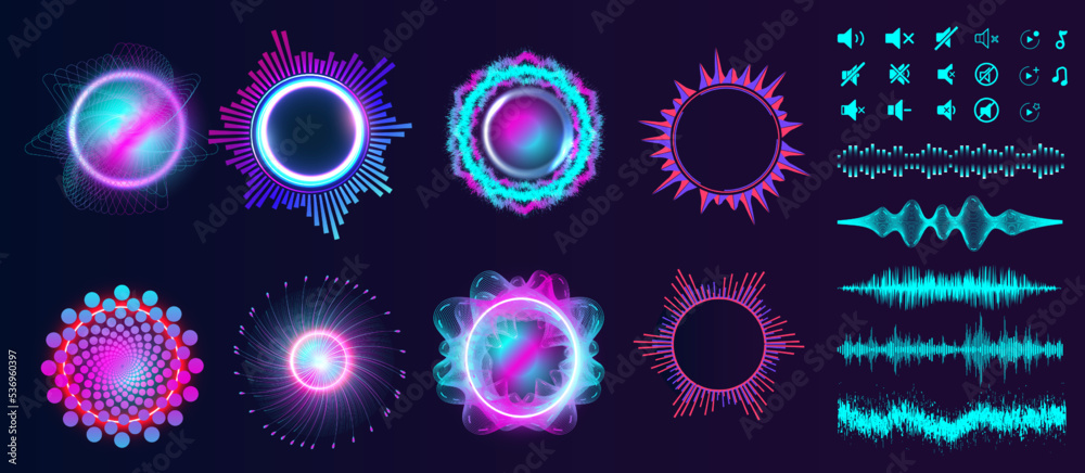 Radial sound wave curve with light particles. Circle audio waves. Neon ...
