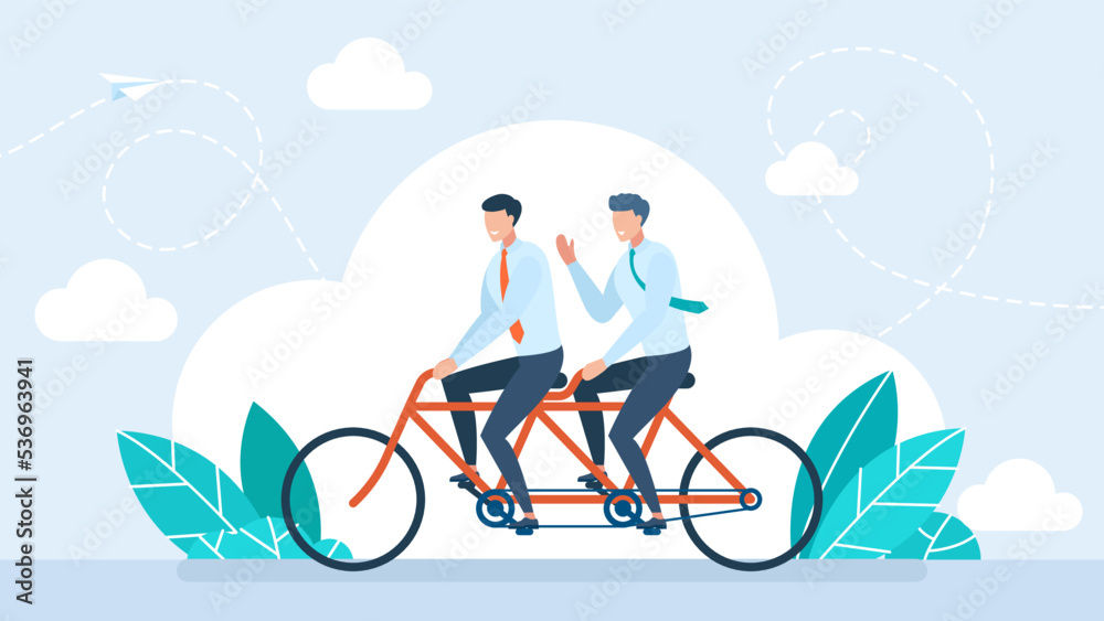 Two businessman riding tandem bicycle to goal. Teamwork concept. Two ...