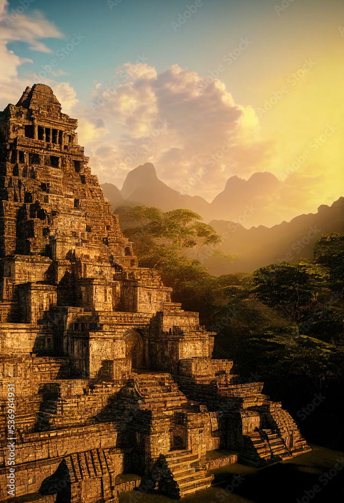 archaeological mayan temple, sunset rainforest jungle with tropical ...