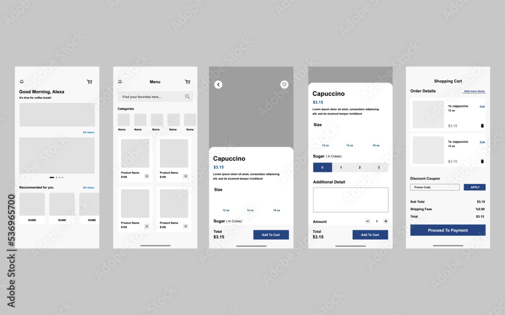 Cafe coffee day UI UX design template with Coffee menu page, cup size ...