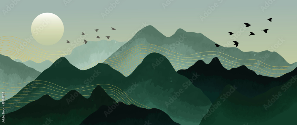 Abstract mountain and golden line arts background vector. Watercolor ...