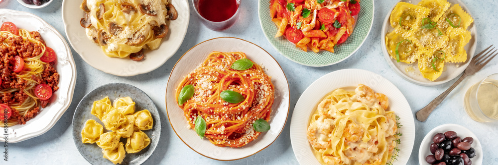 Pasta panorama. Assortment of Italian pastas, with spaghetti in tomato ...