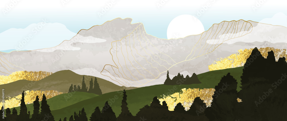 Abstract mountain and golden line arts background vector. Watercolor ...