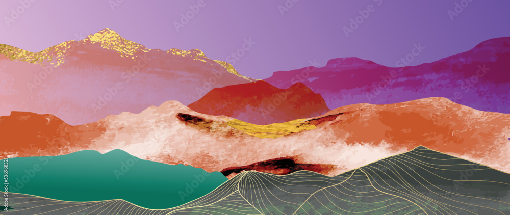 Abstract mountain and golden line arts background vector. Watercolor ...