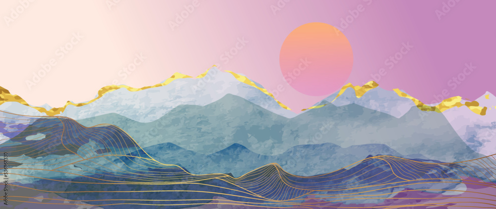 Abstract mountain and golden line arts background vector. Watercolor ...