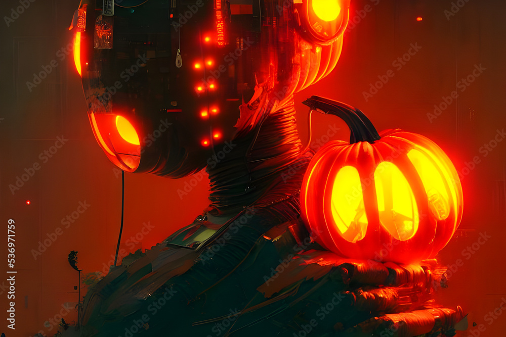 hybrid of an android and halloween pumpkin / jack-o-lantern with ...