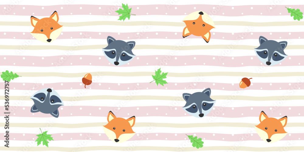 Cute fox and raccoon faces, acorns, maple and oak leaves on a soft ...